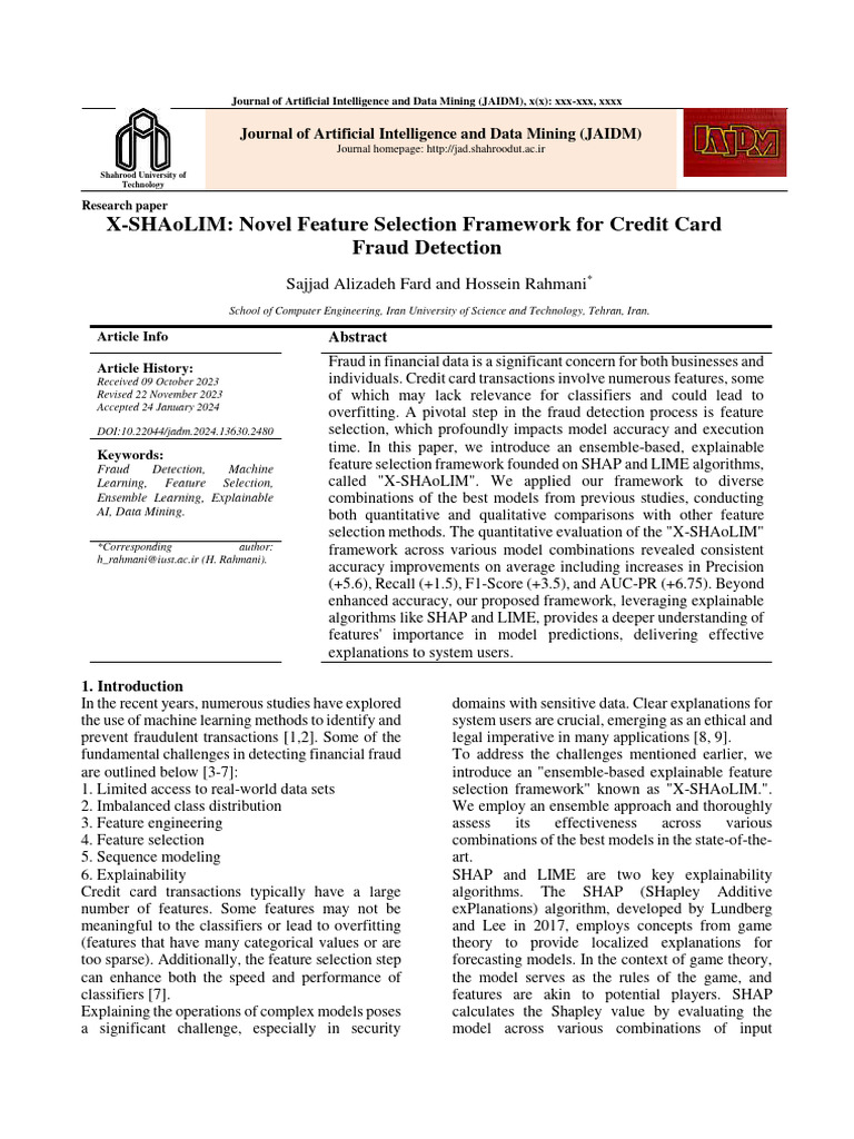 Novel feature Selection Framework for Credit Card Fraud Detection | PDF | Machine Learning ...