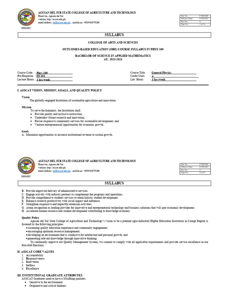 Physics100 Syllabus | PDF | Newton's Laws Of Motion | Force