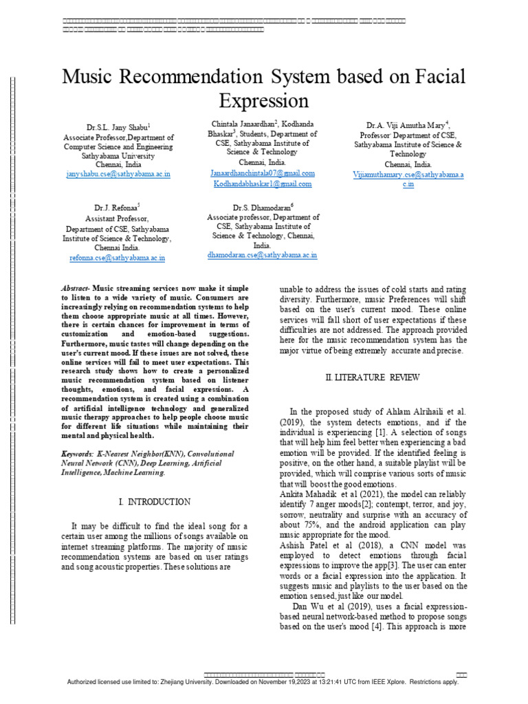 Music Recommendation System Based On Facial Expression | PDF | Machine ...