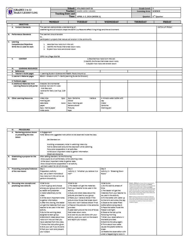 Grade 5 DLL SCIENCE 5 Q4 Week 1 | PDF | Teachers | Learning