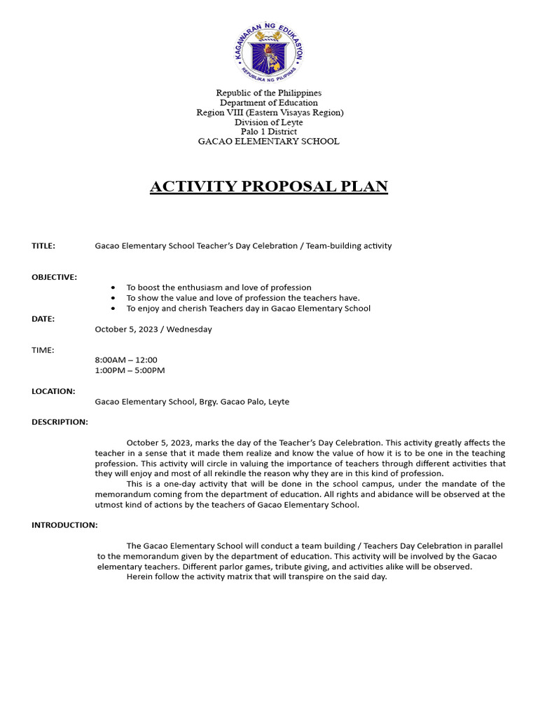 Activity Proposal For Teacher's Day - Joel F. Gaut | PDF | Teachers ...