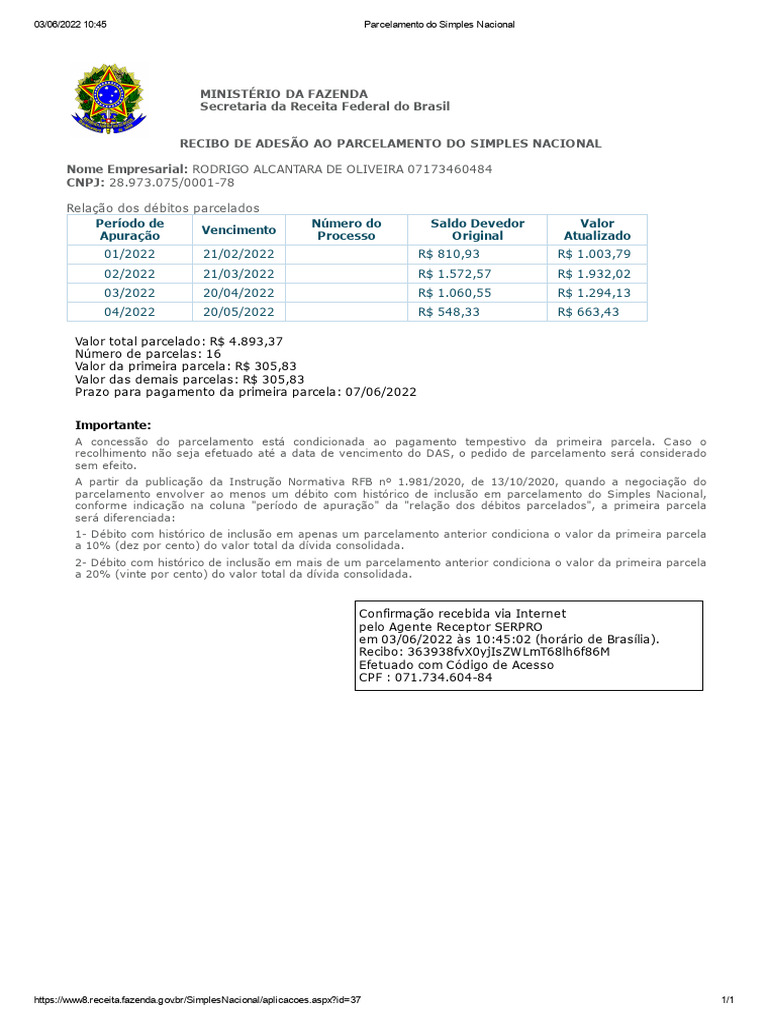 Recibo de Parcelamento Simples Nacional | PDF | Brasil