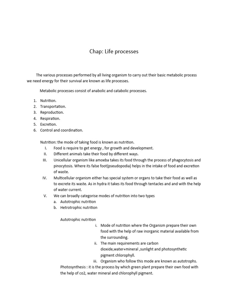 Life Processes Notes | PDF | Nutrition | Diet & Nutrition
