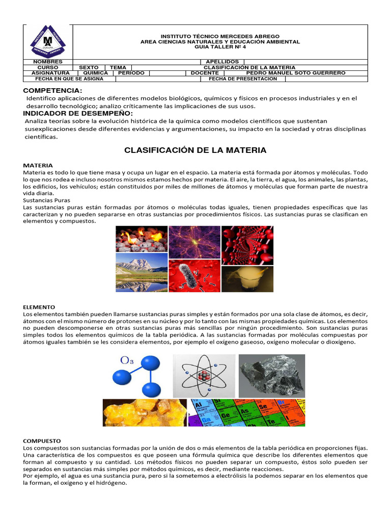 Clasificación de La Materia: Competencia | PDF | Mezcla | Sustancias ...