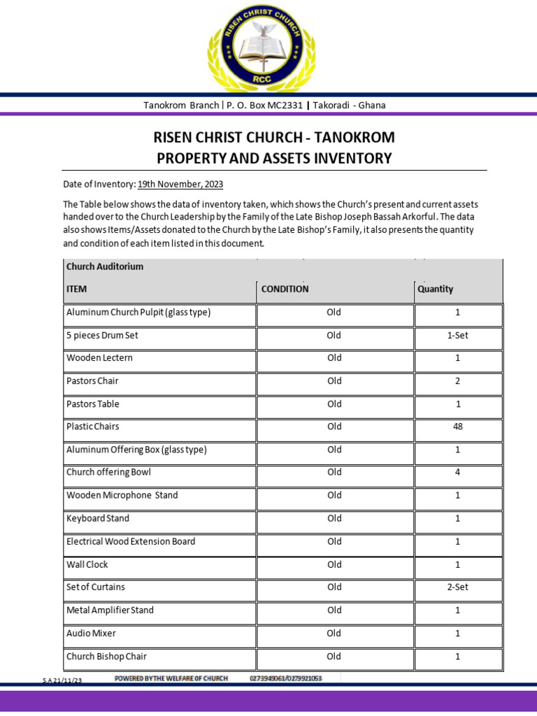 RCC Church Property Inventory | PDF | Bed | Sound Technology