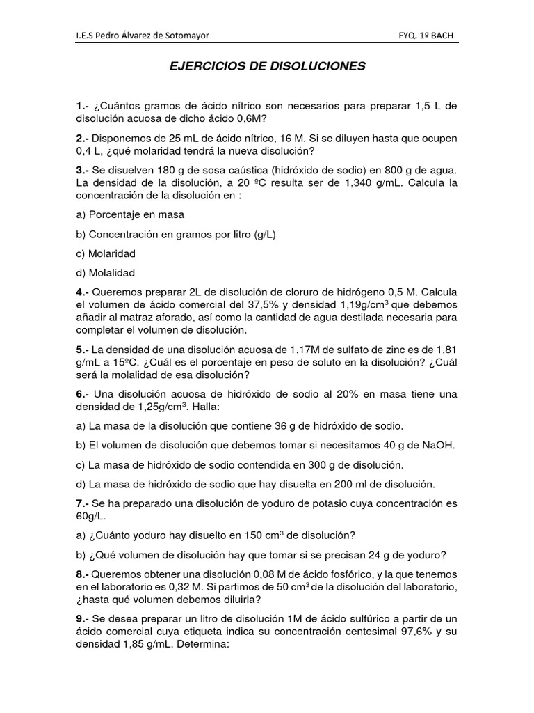 EJERCICIOS DE DISOLUCIONES | PDF | Concentración | Fenómenos científicos