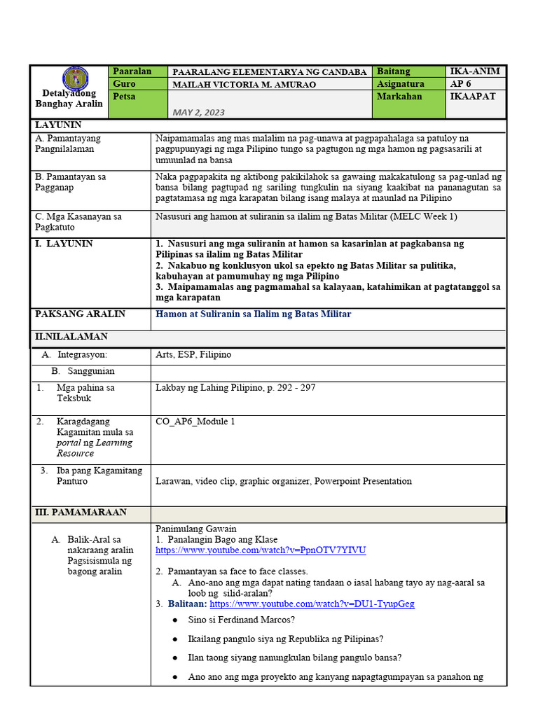 Ap6 - DLP For Co - Suliranin at Hamon Sa Ilalim NG Batas Militar | PDF