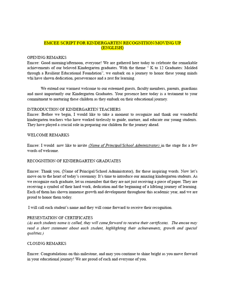 Emcee Script For Kindergarten Recognition (English) - 085301 | PDF ...