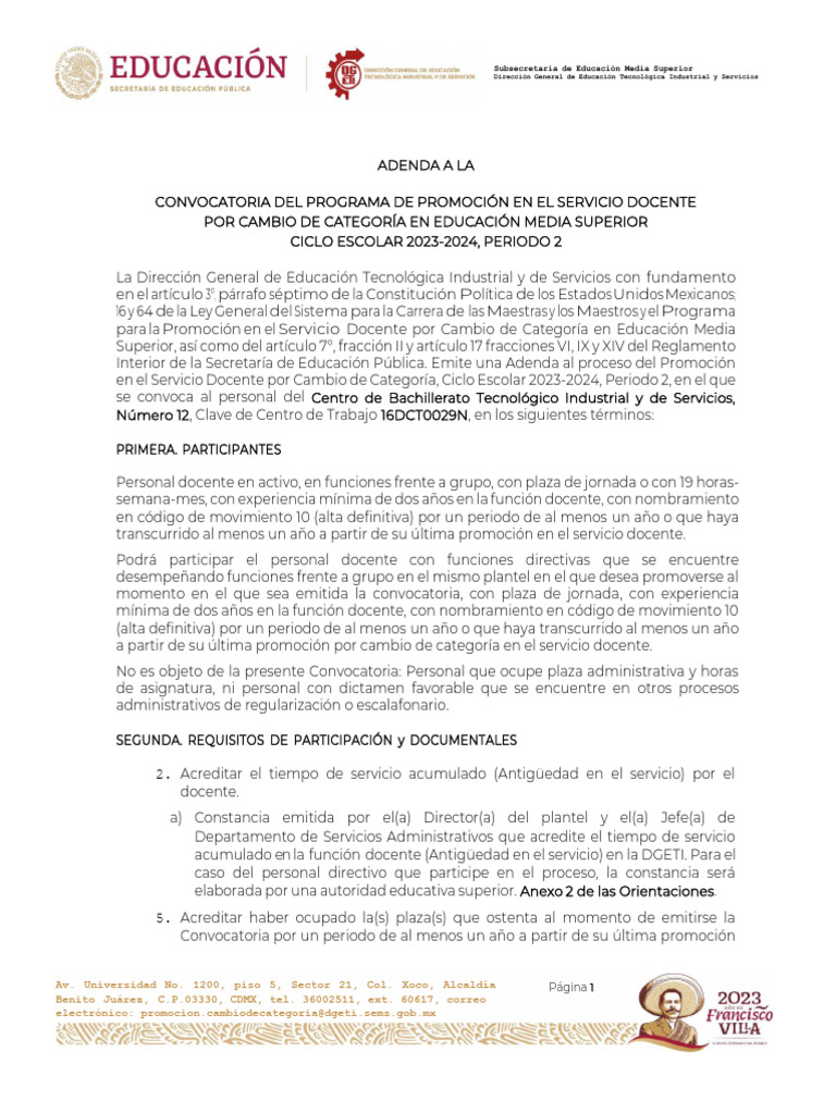 Adenda - Convocatoria Cambio Categoria - Cbtis - 12 | PDF | Maestros