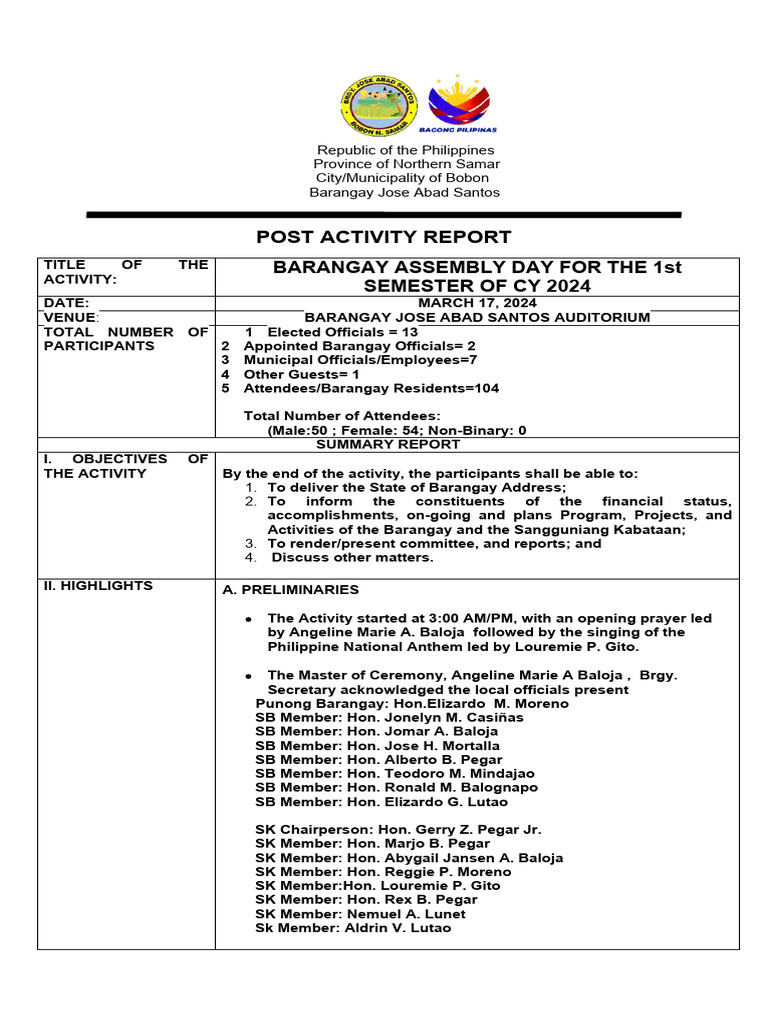 Post Activity Report Brgy. Jose Abad Santos 1st Semester 2024 | PDF
