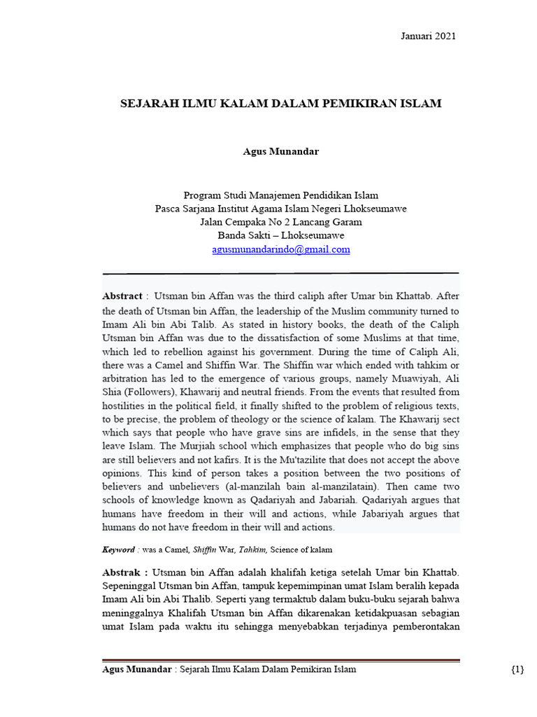 17. AGUS MUNANDAR-SEJARAH PERADABAN ISLAM - SEJARAH ILMU KALAM DALAM PEMIKIRAN ISLAM | PDF ...