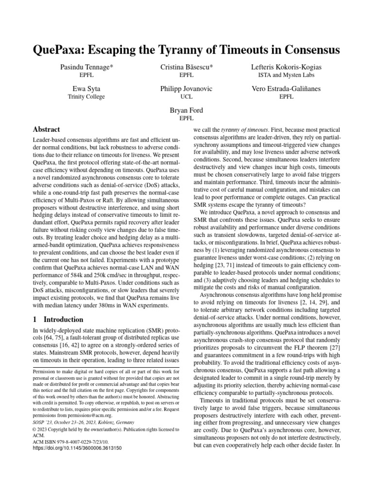 QuePaxa: Escaping The Tyranny of Timeouts in Consensus | PDF | Computer ...