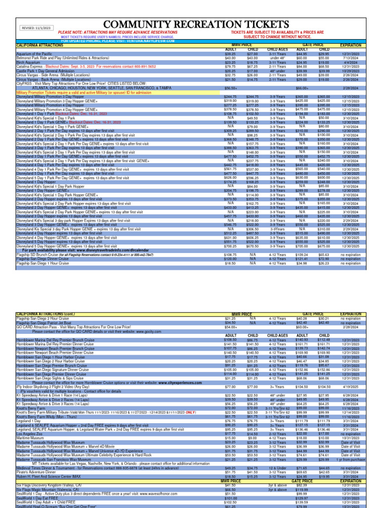 MWR - Ticket Price List (11.1.2023) | PDF