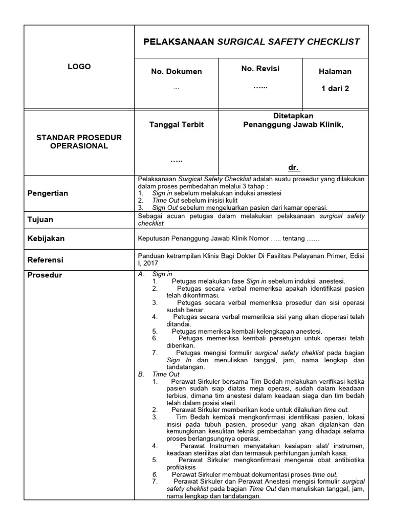 Spo Pelaksanaan Surgical Safety Checklist | PDF