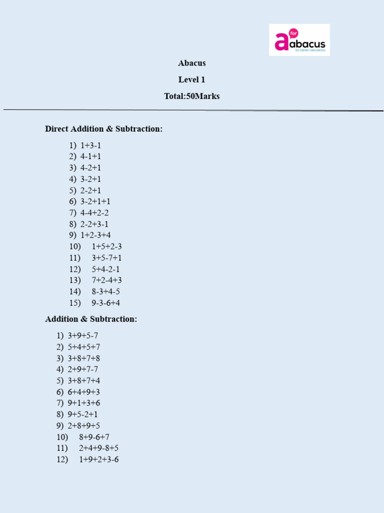 Abacus Level 1 Question | PDF