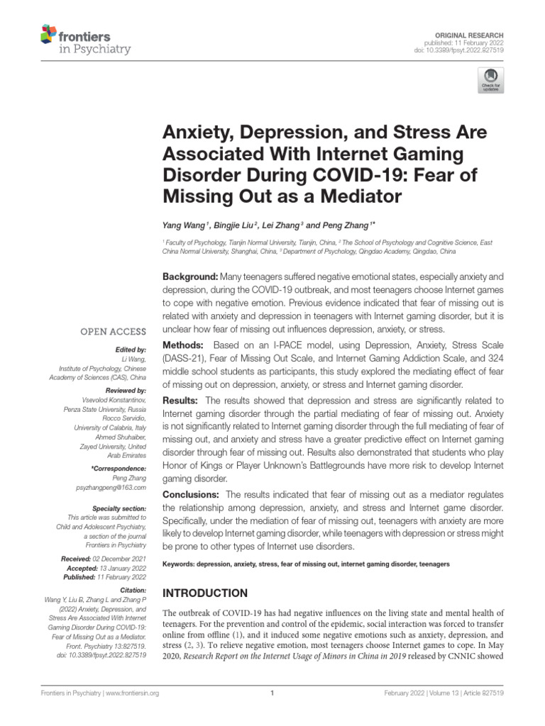 Anxiety, Depression, and Stress Are Associated With Internet Gaming Disorder During Covid 19 ...