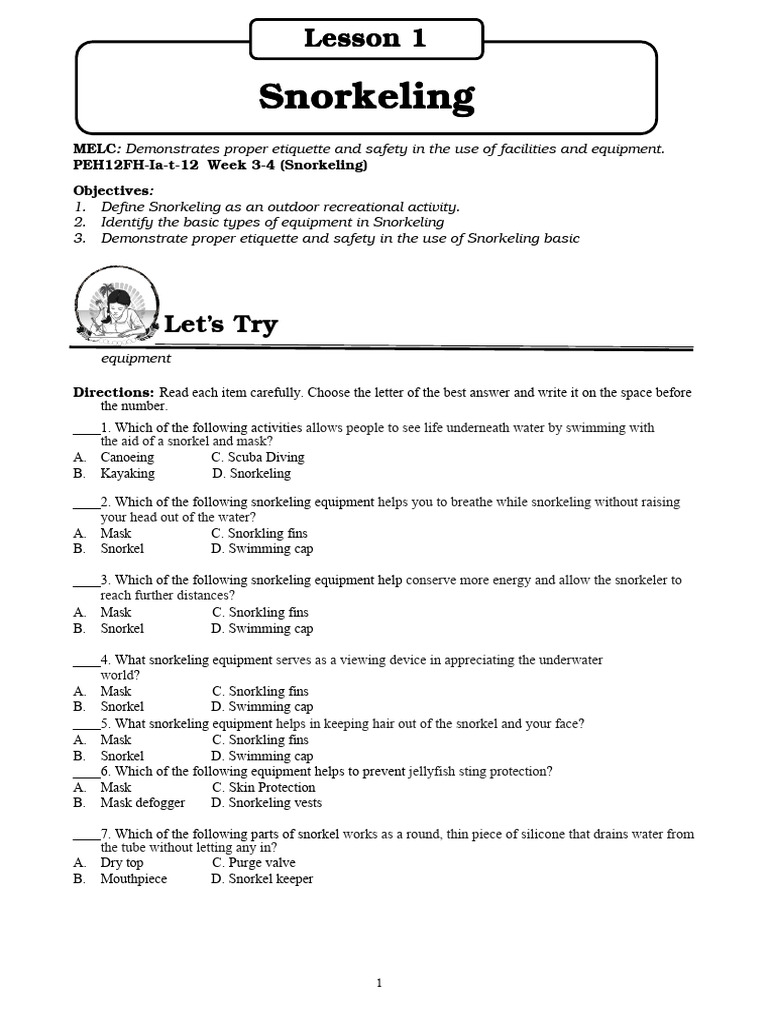 SNORKELING-ACTIVITY-SHEET | PDF | Snorkeling | Underwater Diving
