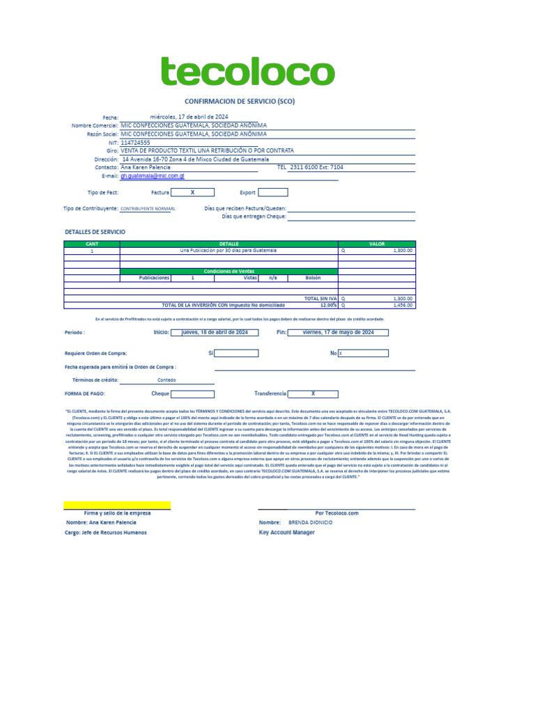 FORMATO SCO SAL Y HF 2024 - Mic Confecciones | PDF | Factura | Guatemala