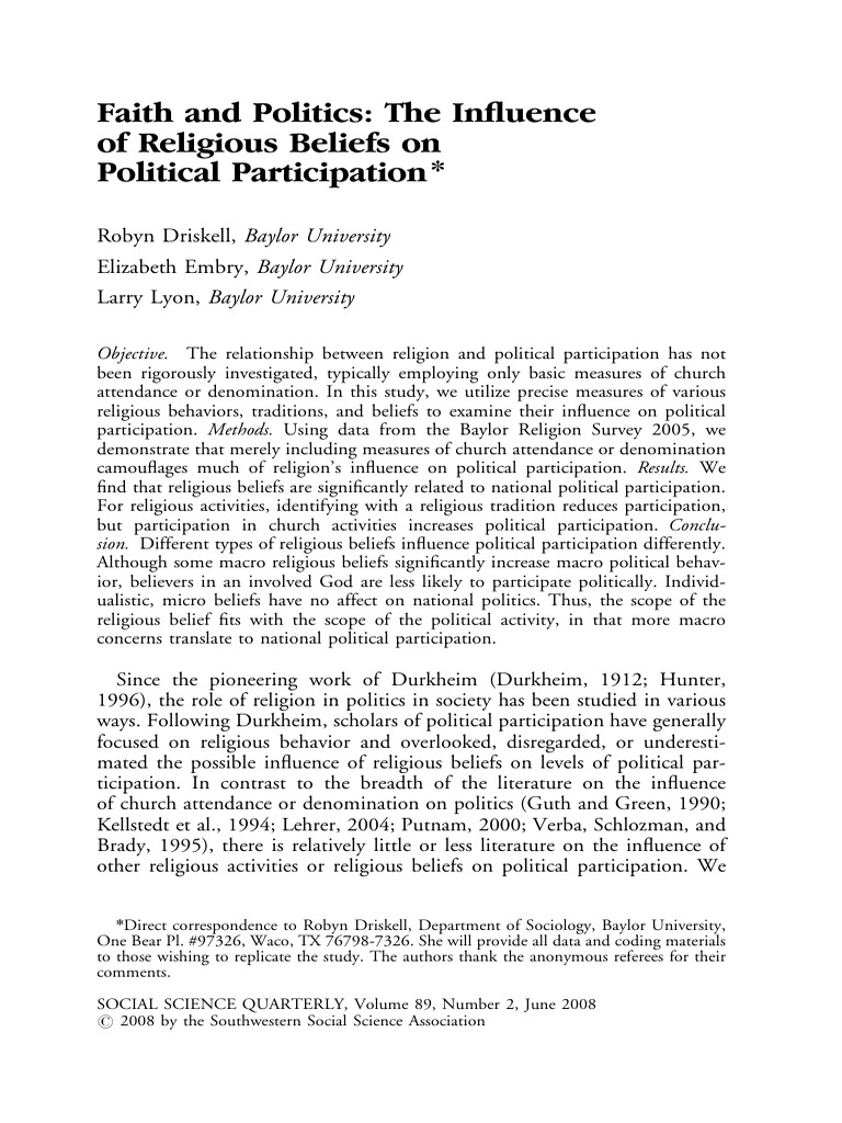 Driskell, R., Embry, E., & Lyon, L. (2008) - Faith and Politics - The ...