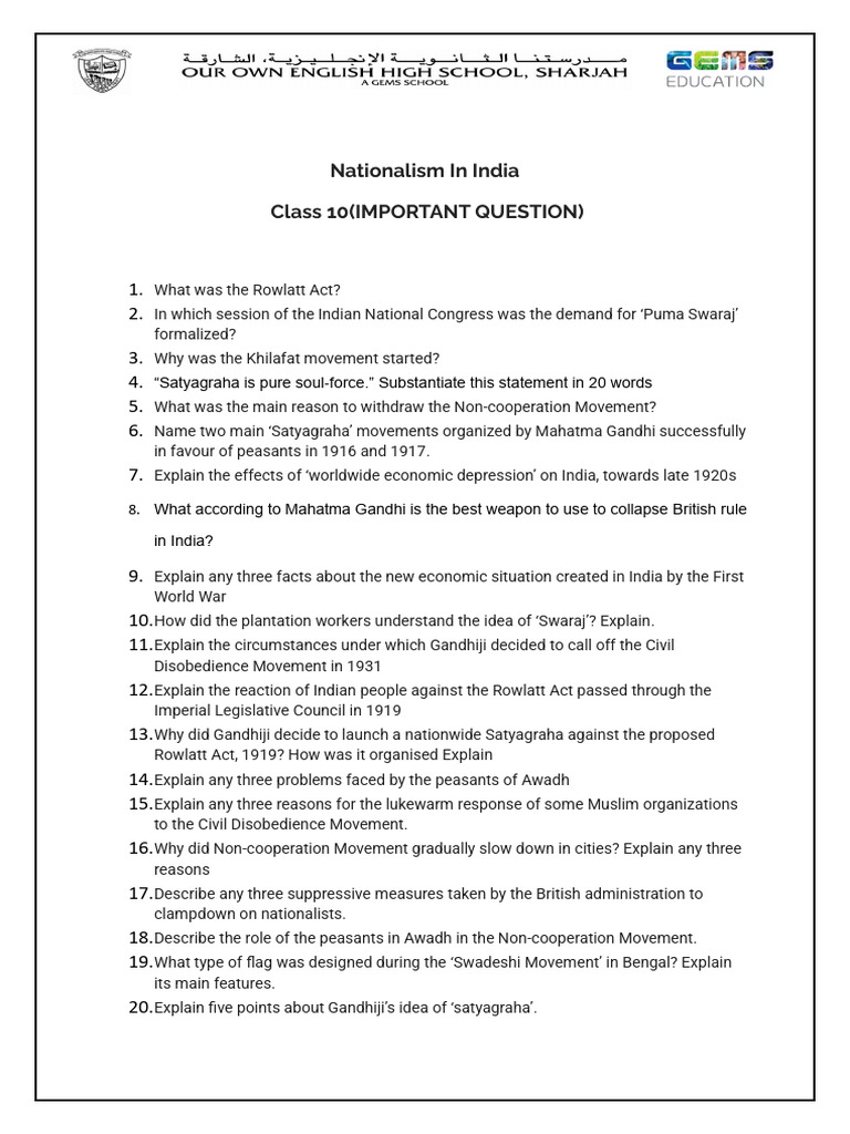 Class 10: Key Questions on Indian Nationalism | PDF | Mahatma Gandhi ...