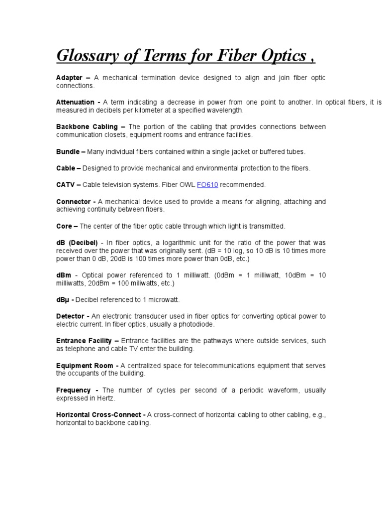 Glossary of Terms For Fiber Optics Cable | PDF | Optical Fiber | Decibel