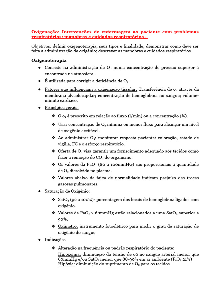 Oxigenação - Sistema Respiratório | PDF | Oxigênio | Respiração