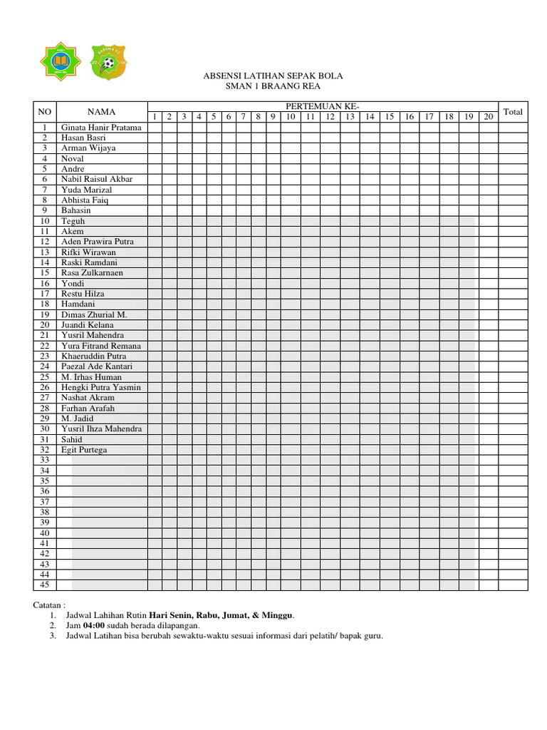Absensi Latihan Sepak Bola | PDF