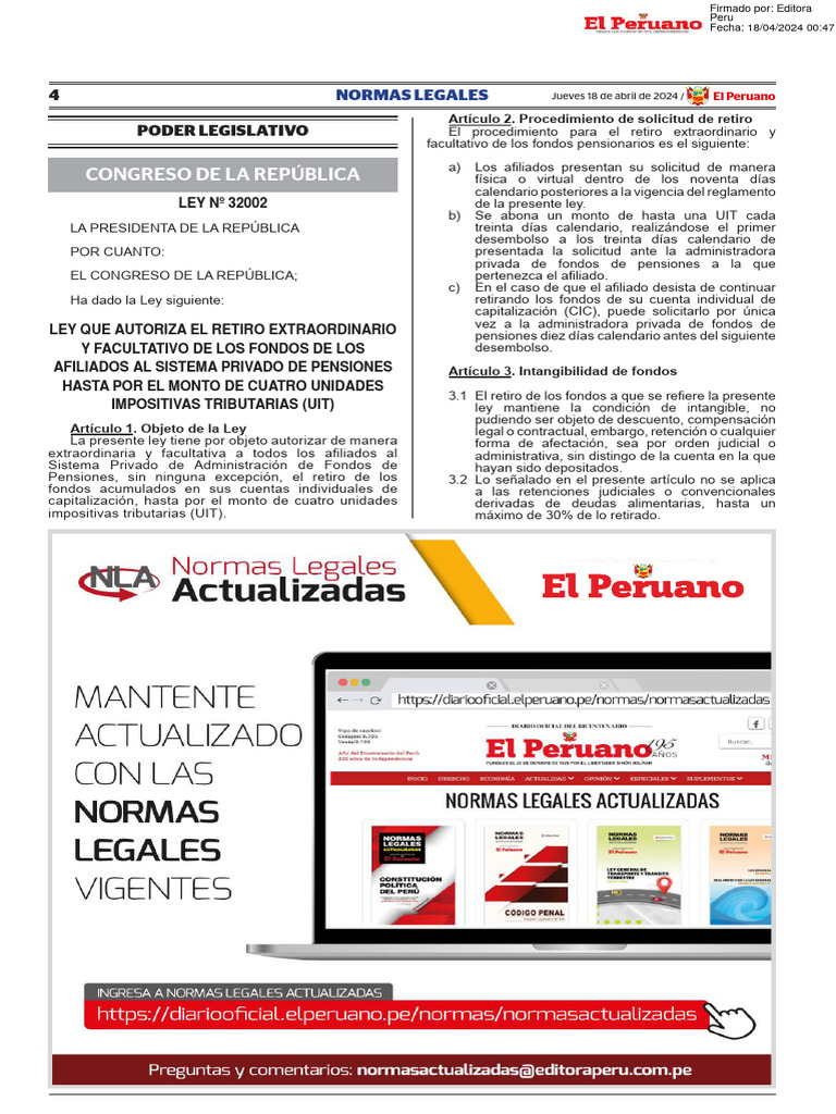 Congreso de La República: Normas Legales | PDF | Pensión | Dinero