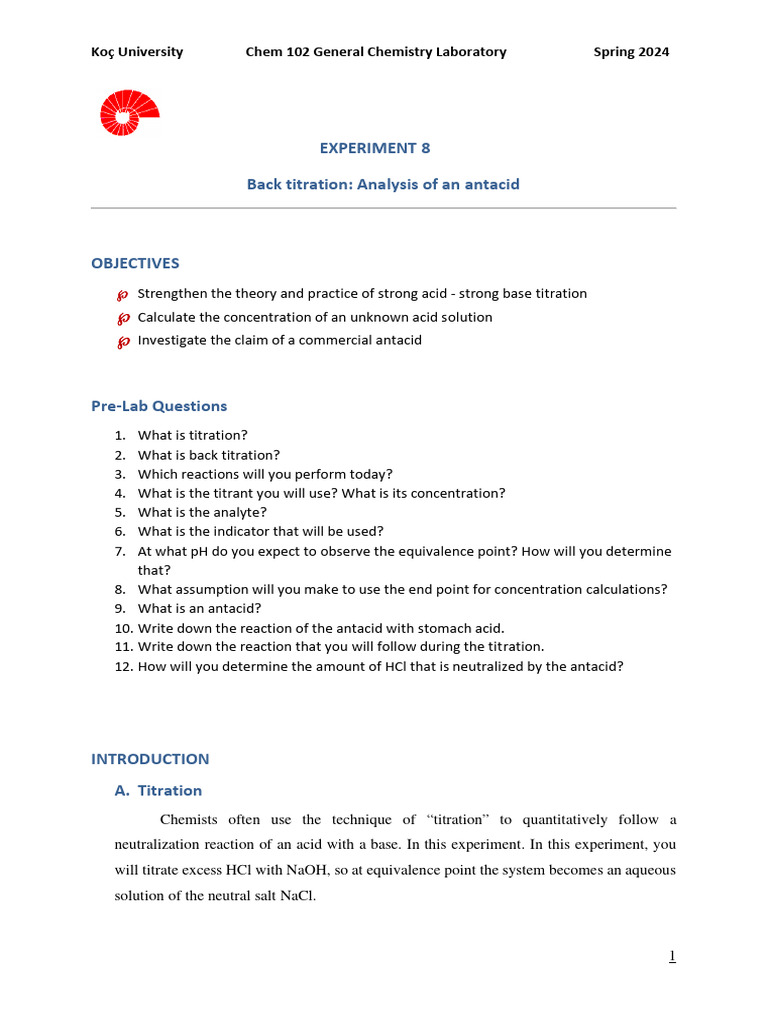 Chem 102 Exp 8 Back-titration of an Antacid Spring 2024 | PDF ...