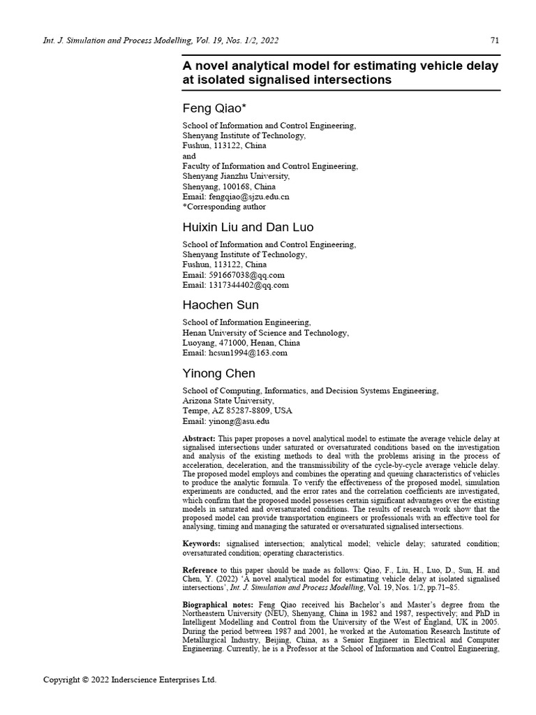 A Novel Analytical Model For Estimating Vehicle Delay At Isolated Signalised Intersections Pdf 
