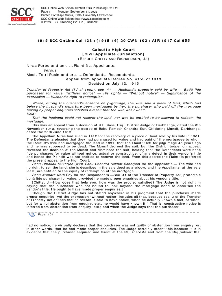Niras Purbe v. Most. Tetri Pasin, 1915 SCC OnLine Cal 138 | PDF | Mortgage Law | Judgment (Law)