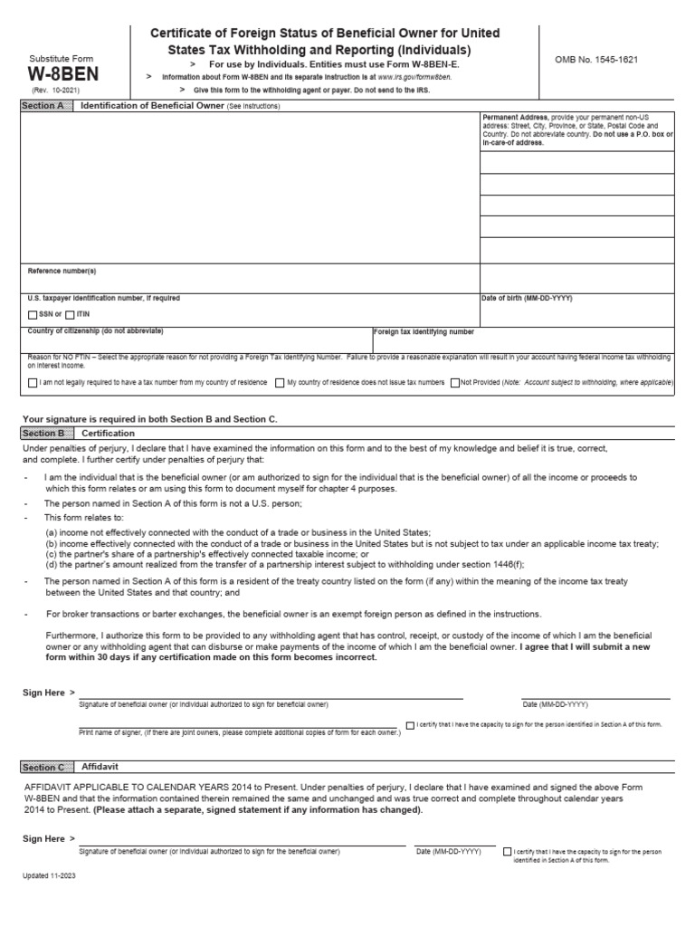 Fillable W-8BEN 2023 | PDF | Irs Tax Forms | Taxation