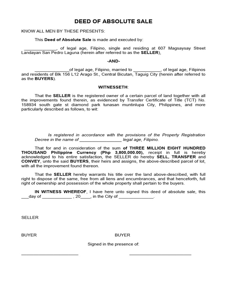 New DEED-OF-ABSOLUTE-SALE | Download Free PDF | Deed | Title (Property)