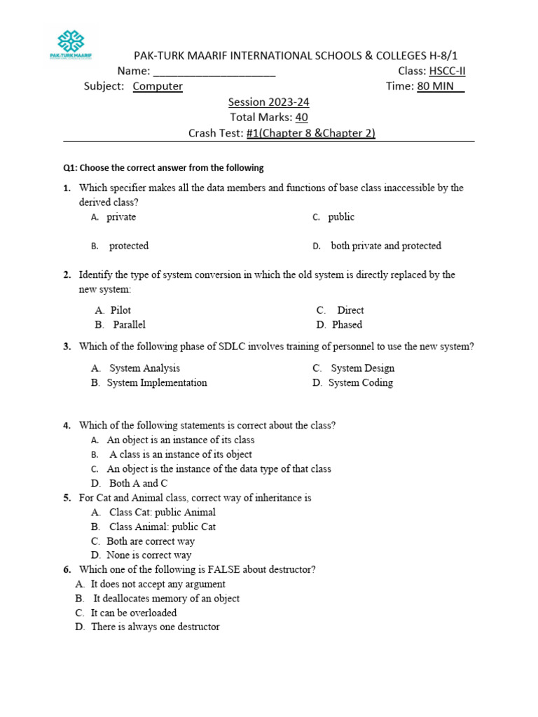 Crash Test 1 2nd Year Comp 2024 Pdf Class Computer Programming Integer Computer Science 