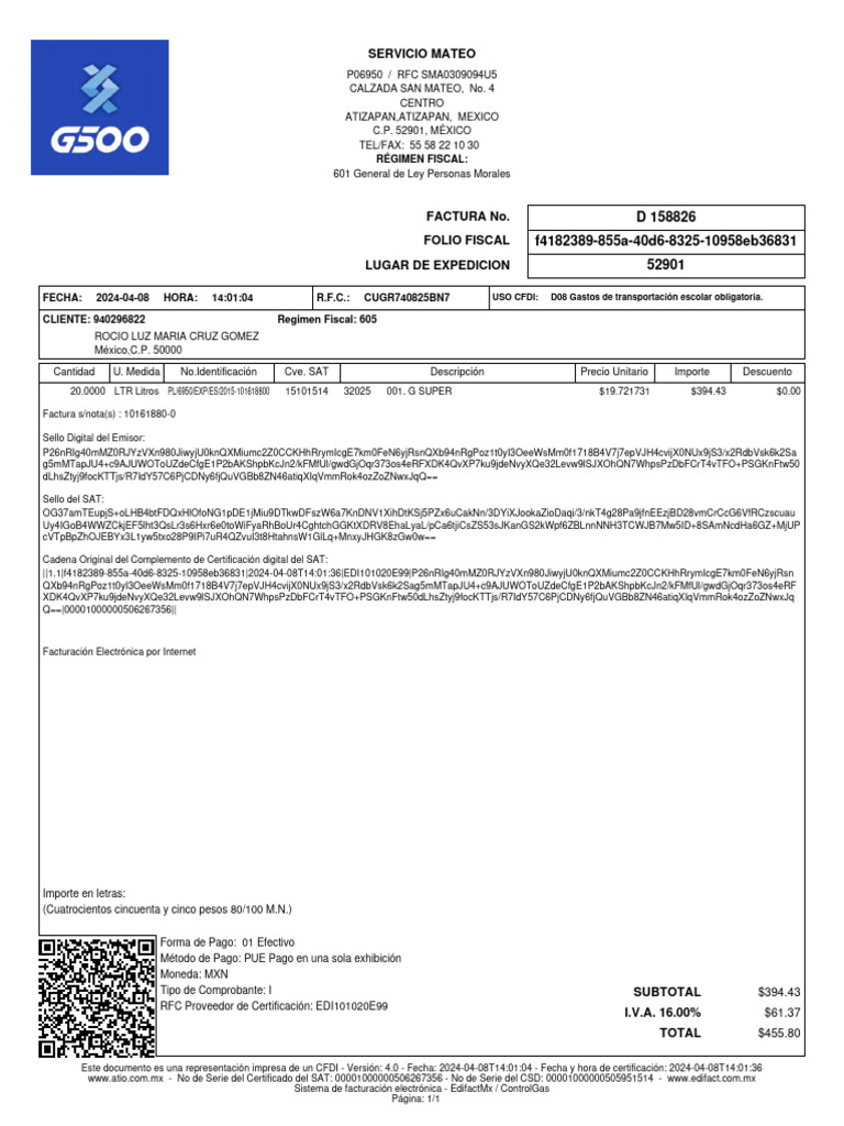 Sma0309094u5 Cfdi D158826 20240408 | PDF | Finanzas y dinero