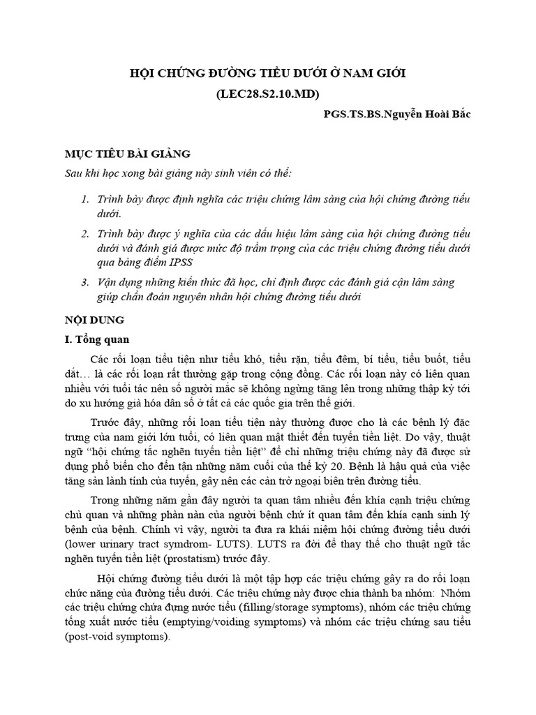 Handout. LEC28.S2.10.MD. Hội Chứng Đường Tiểu Dưới | PDF
