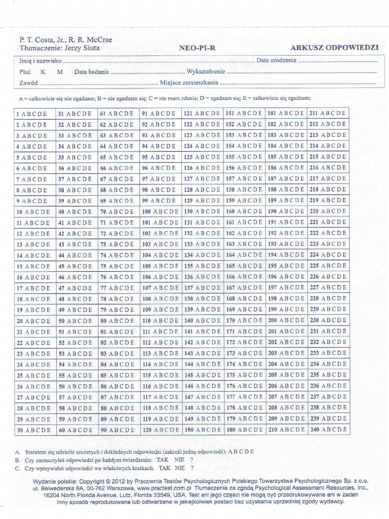 NEO-PI-R Arkusz Odpowiedzi | PDF