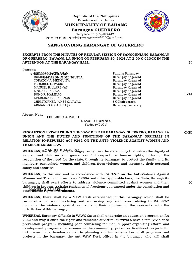 Municipality of Bauang Barangay GUERRERO Sangguniang Barangay of ...