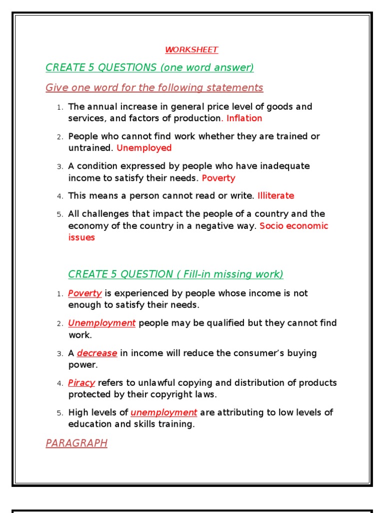 CREATE 5 QUESTIONS (One Word Answer) | PDF