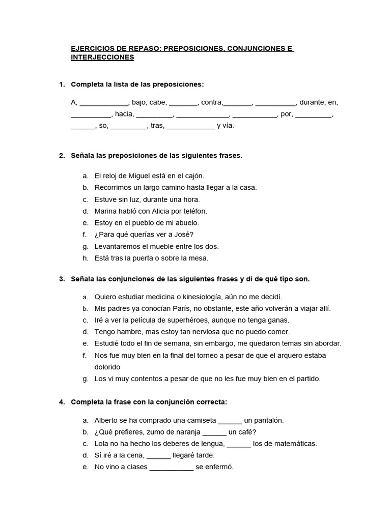 Ejercicios de Repaso - Preposiciones, Conjunciones e Interjecciones ...