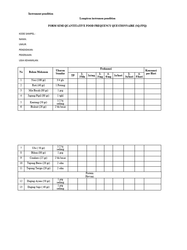 Formulir SQ FFQ | PDF