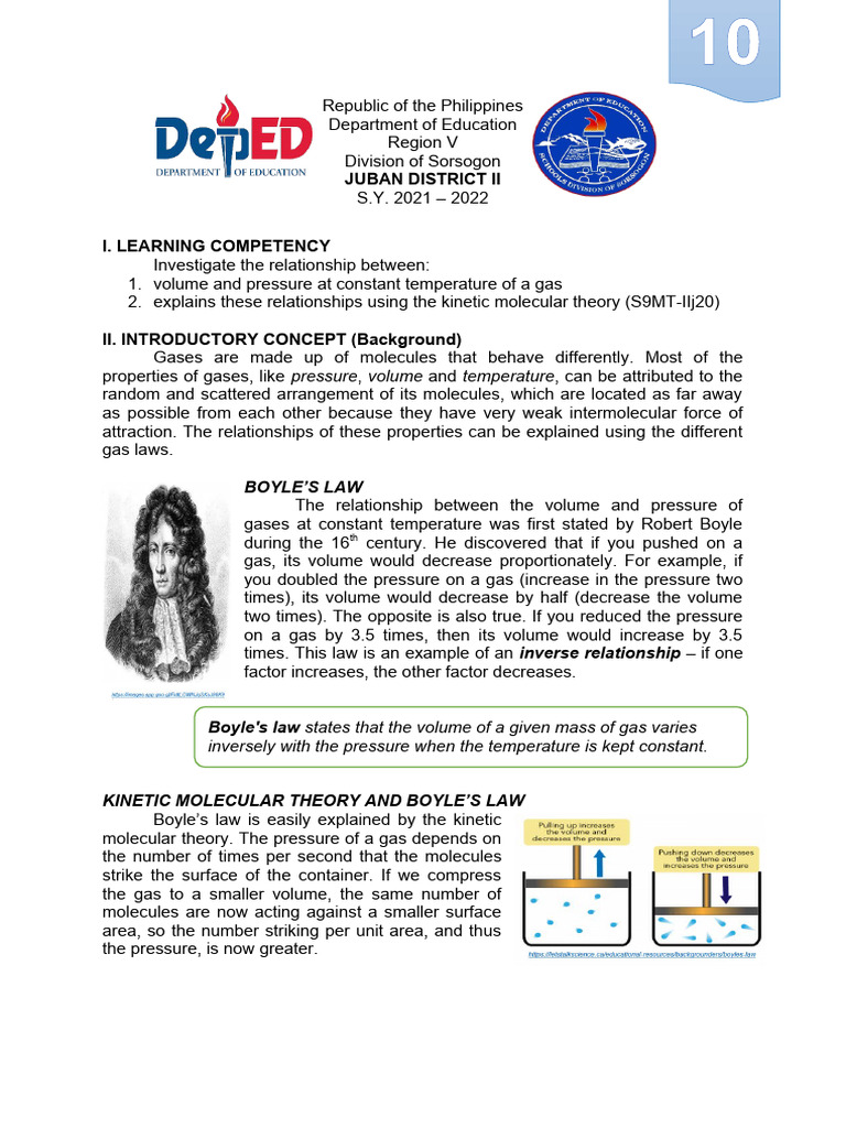 4Q Sci10 Las1 Boyles Law | PDF | Gases | Pressure