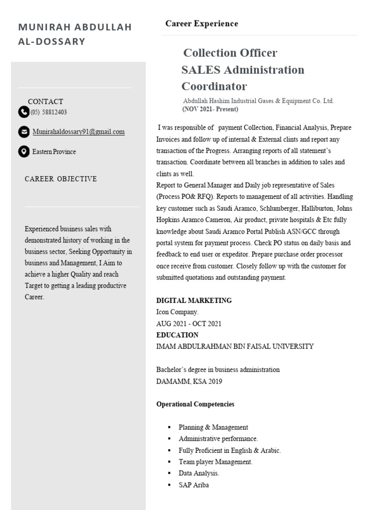 Collection Officer SALES Administration Coordinator: Muni Rah Abdullah ...