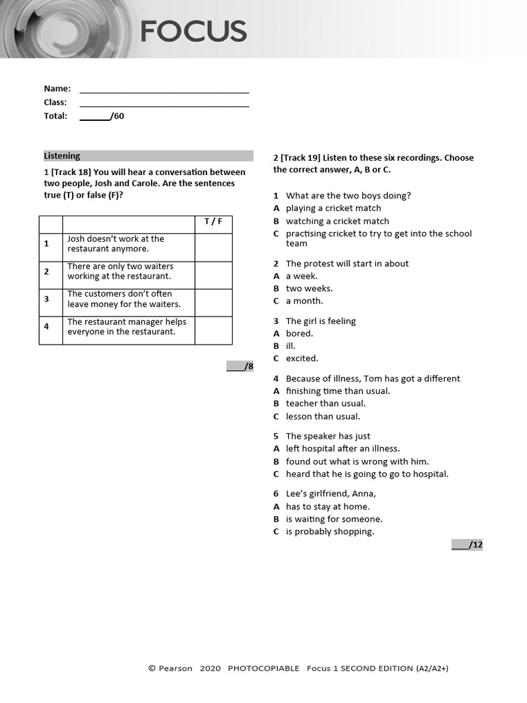 © Pearson 2020 Photocopiable Focus 1 Second Edition | PDF