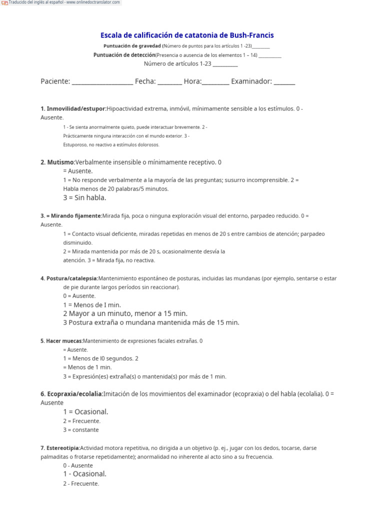 Escala Bush-Francis de Catatonia | PDF | Enfermedades y trastornos ...