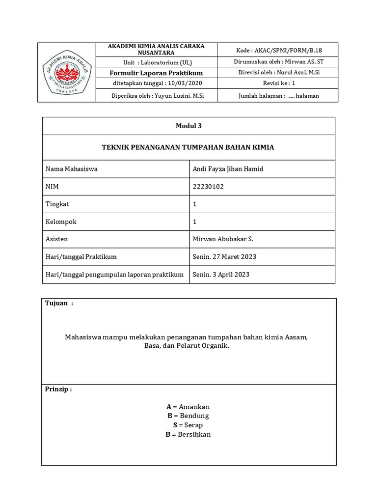 (Modul 3) TEKNIK PENANGANAN TUMPAHAN BAHAN KIMIA | PDF