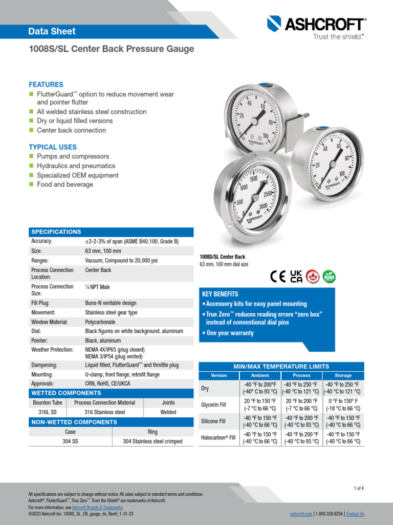 Datasheet 1008s SL Centerback Stainless Steel Gauge | PDF | Pressure ...