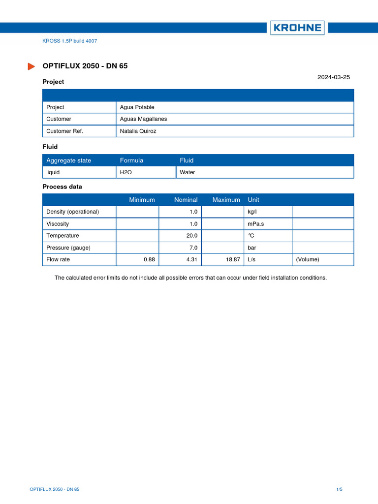 Agua Potable OPTIFLUX 2050 DN 65 | PDF | Fluid Dynamics | Flow Measurement