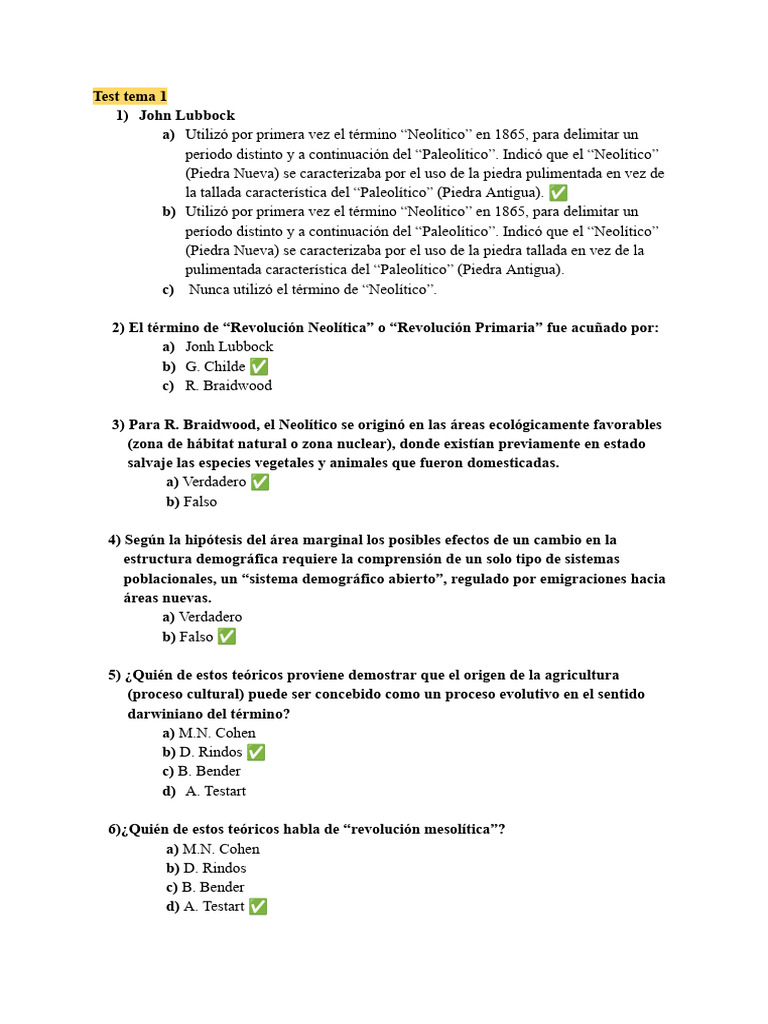 PREGUNTAS TESTS PREHISTORIA II CON RESPUESTAS | PDF | Neolítico
