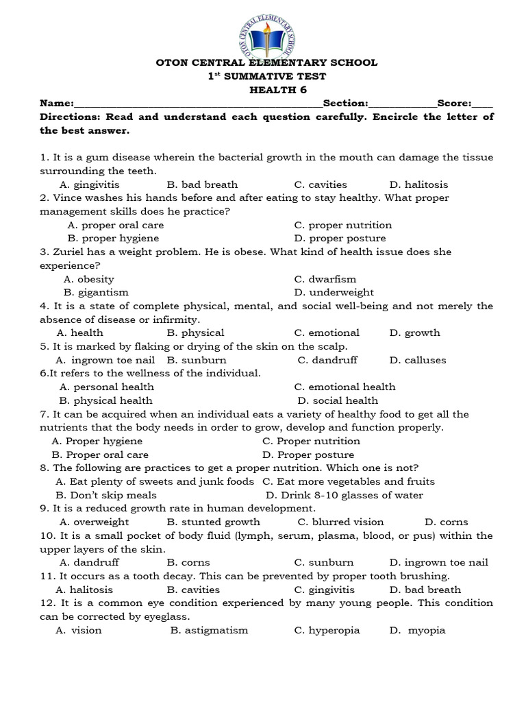 Health 6 Summative Test Questions | PDF | Oral Hygiene | Nutrition